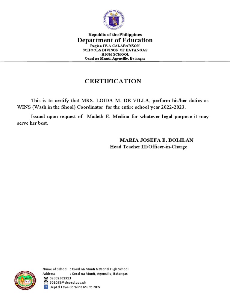 Certification of Coordinatorship | PDF