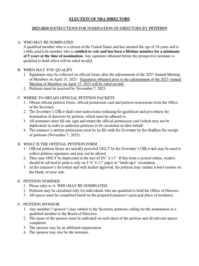NRA Director Nomination Instructions 2023 | PDF | Petition | National ...