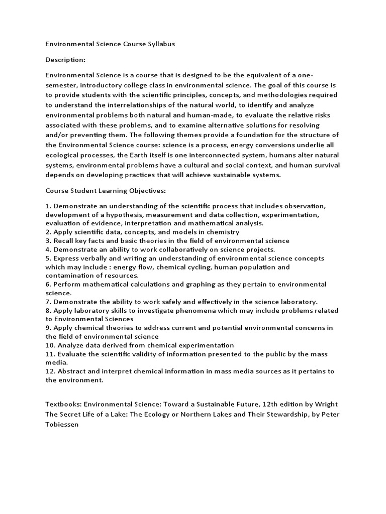 Environmental Science Course Syllabus | PDF | Wellness | Science ...