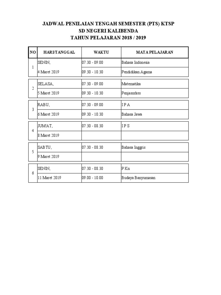 Contoh Jadwal PTS | PDF