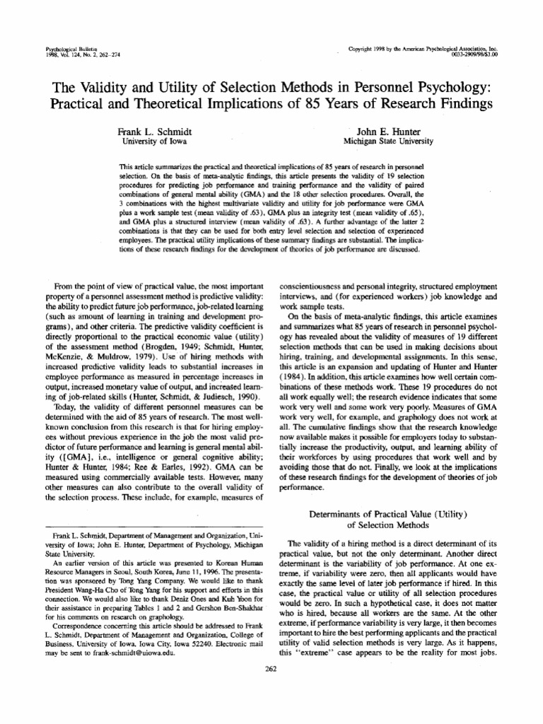 Hunter and Schmidt 1998 The Validity and Utility of Selection Methods ...