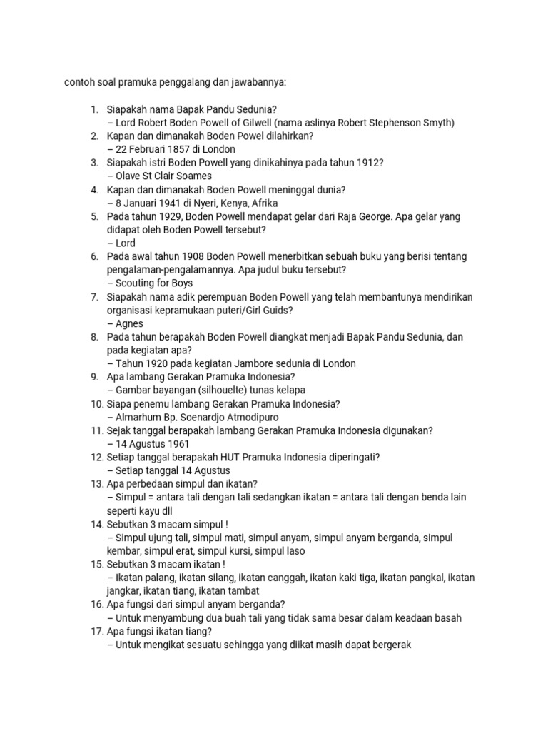 Contoh Soal Pramuka Penggalang Dan Jawabannya | PDF