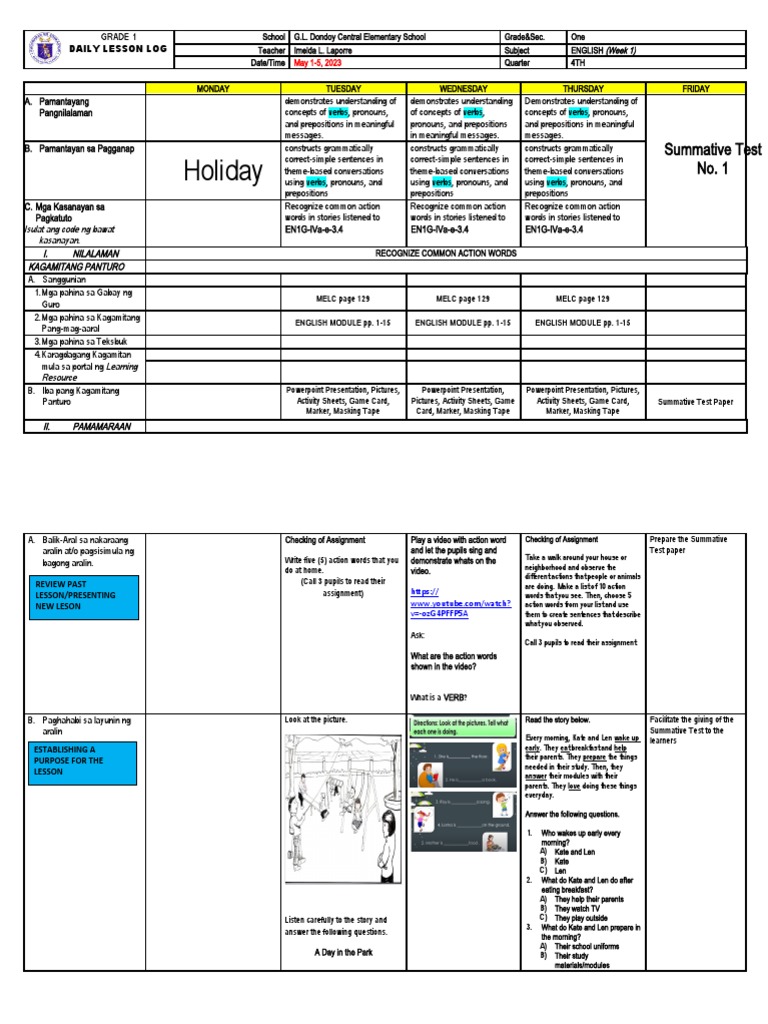 Grade 1 English Lesson Plan: Verbs & Actions | PDF | Human Communication | Language Mechanics