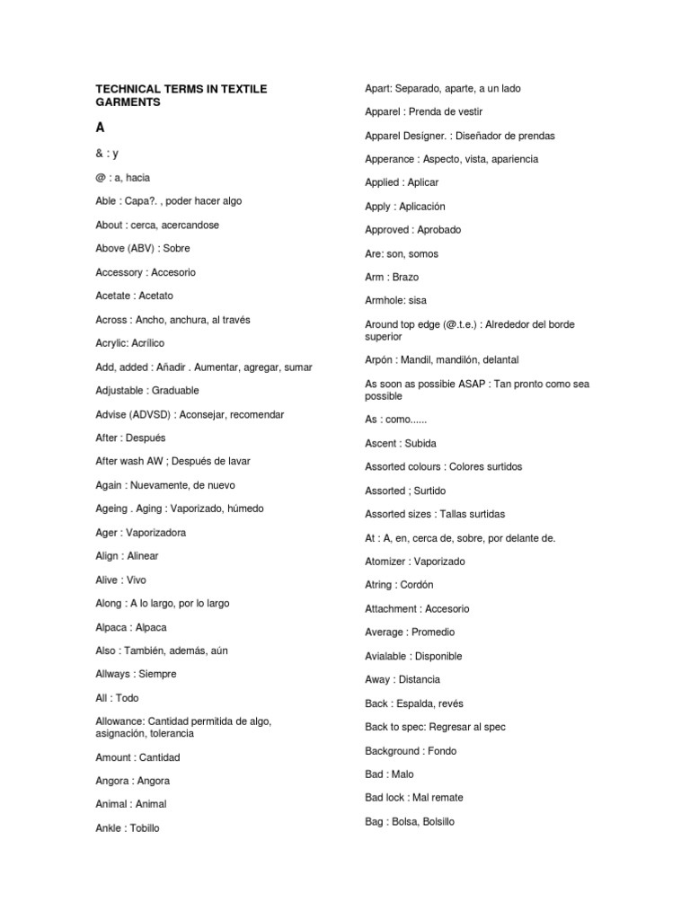 TECHNICAL TERMS IN TEXTILE GARMENTS Diccionario Semana 2 | PDF ...