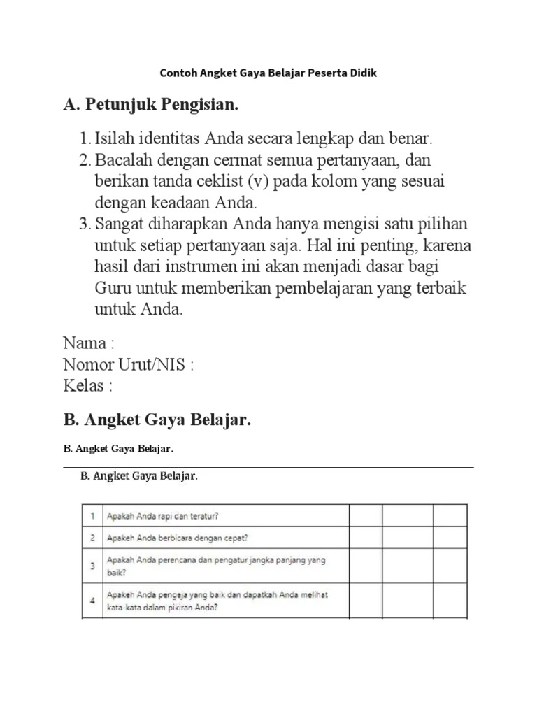 Contoh Angket Gaya Belajar Peserta Didik | PDF