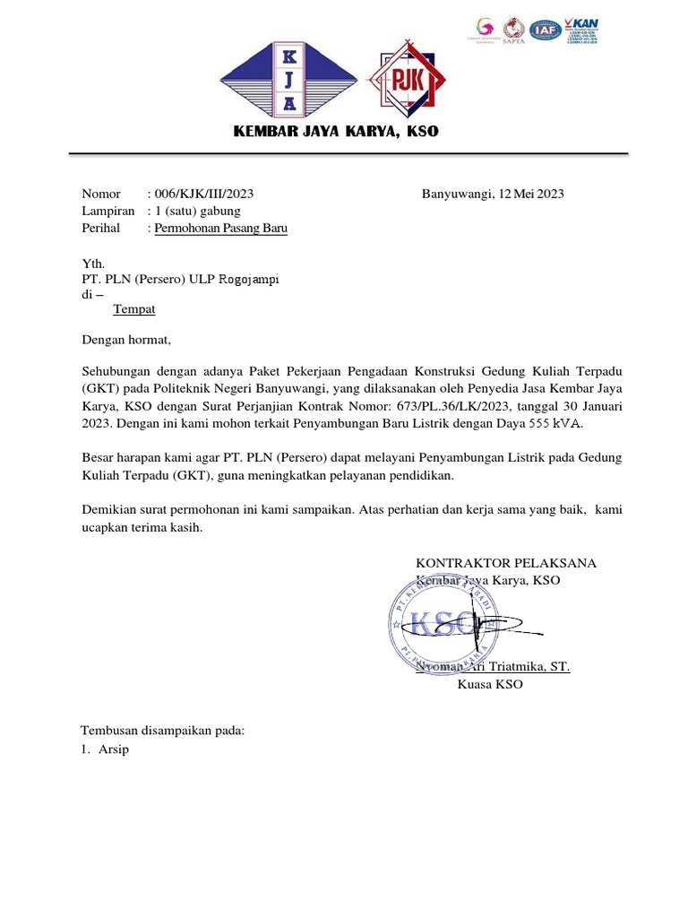 006 - Surat Permohonan Pasang Baru Listrik | PDF