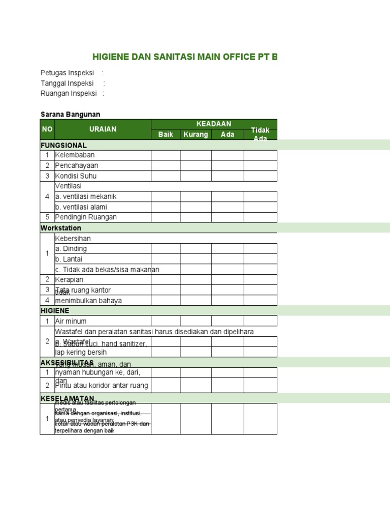 Form Inspeksi Higiene Dan Sanitasi | PDF