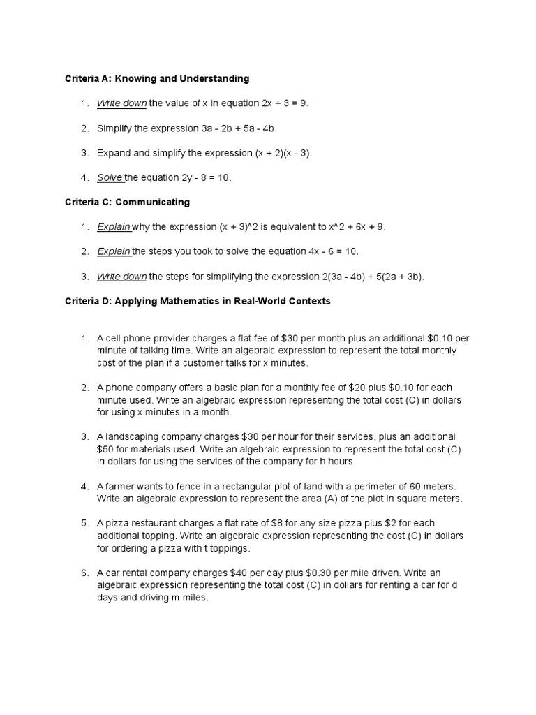 MYP 3 Mathematics Criteria and Problems | PDF