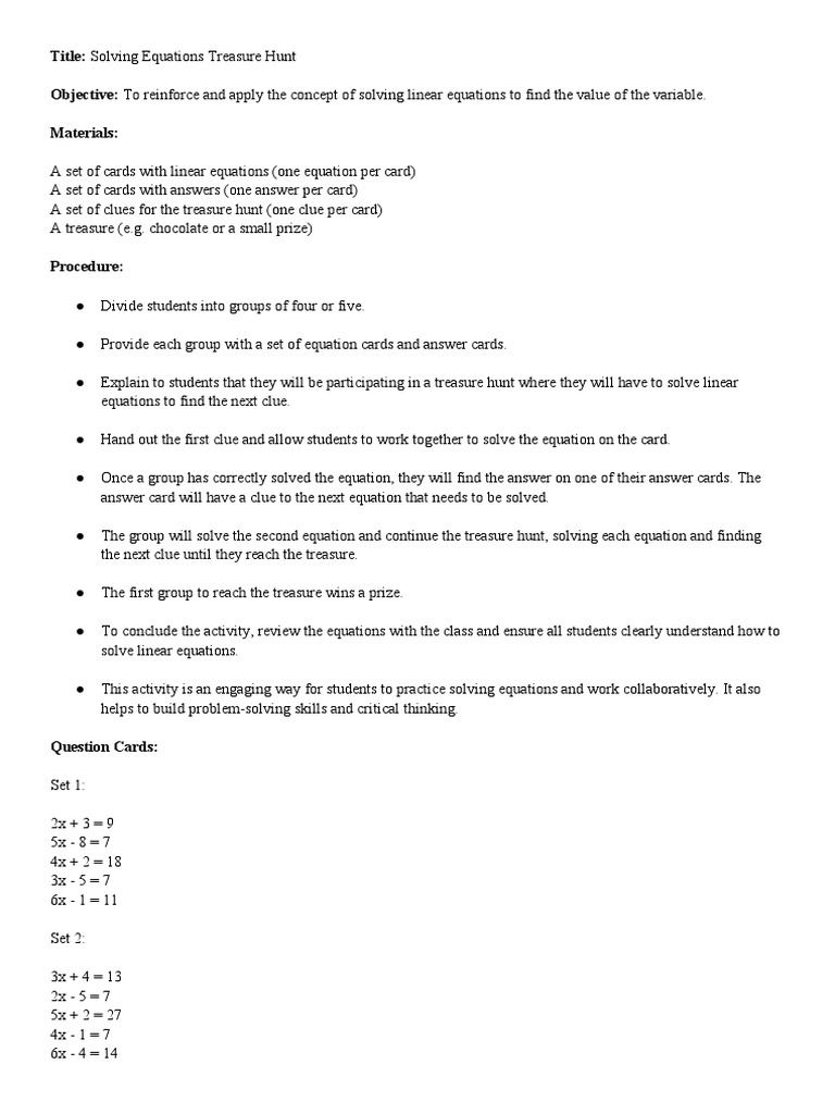 Algebra Treasure Hunt | PDF | Equations | System Of Linear Equations