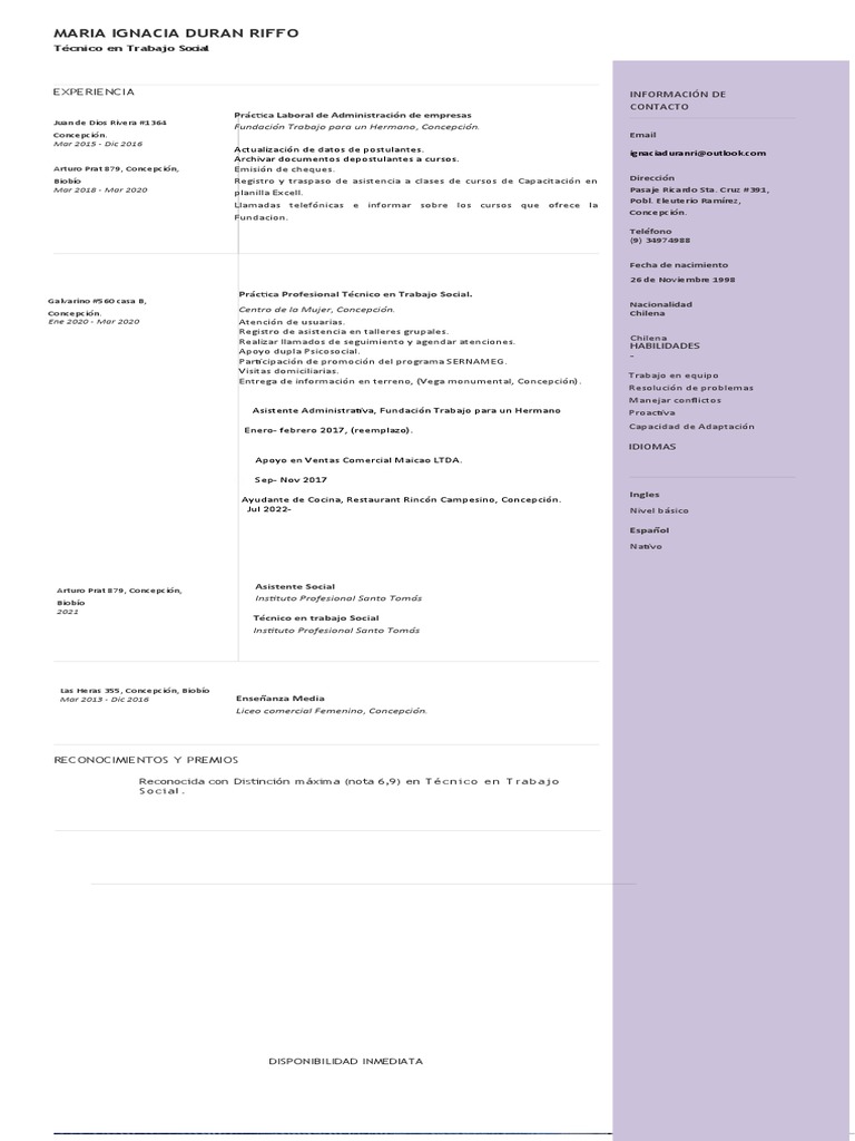 Curriculum Ignacia Duran Riffo | PDF | Trabajo Social