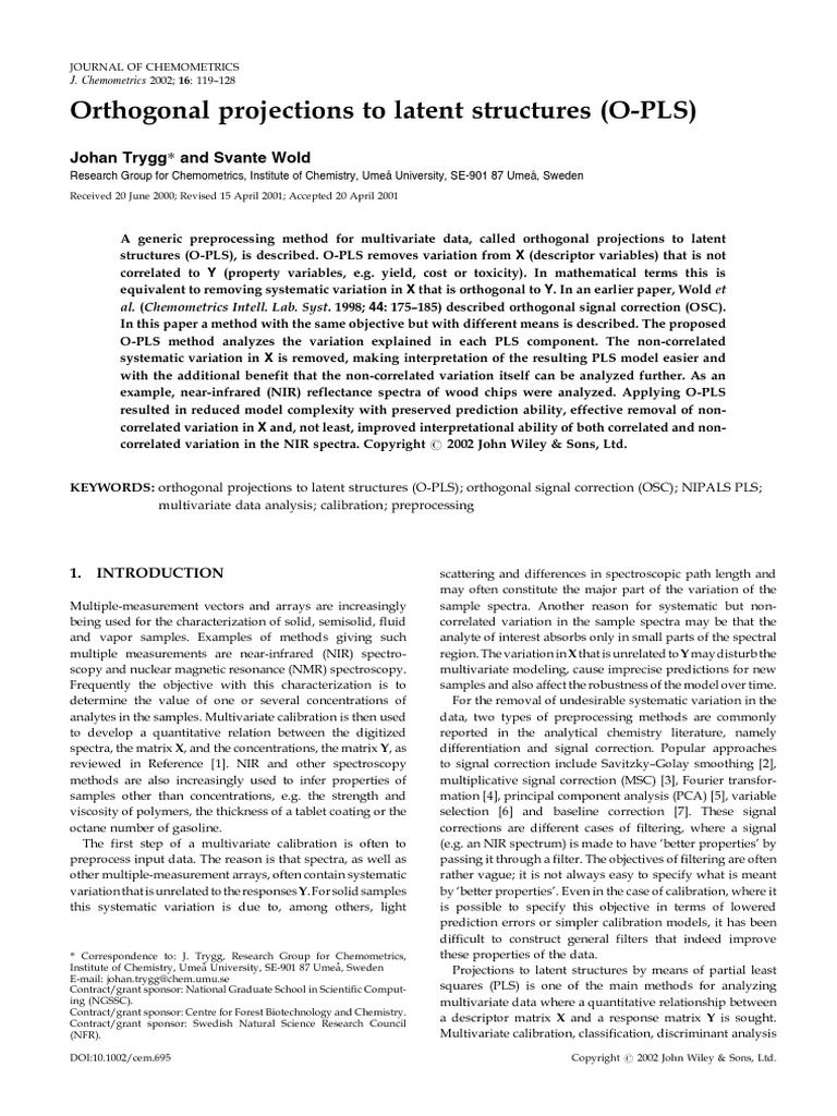 2002 - Trygg Dan Wold - Orthogonal Projections To Latent Structures (O ... 2002 - Trygg Dan Wold - Orthogonal Projections To Latent Structures (O ...