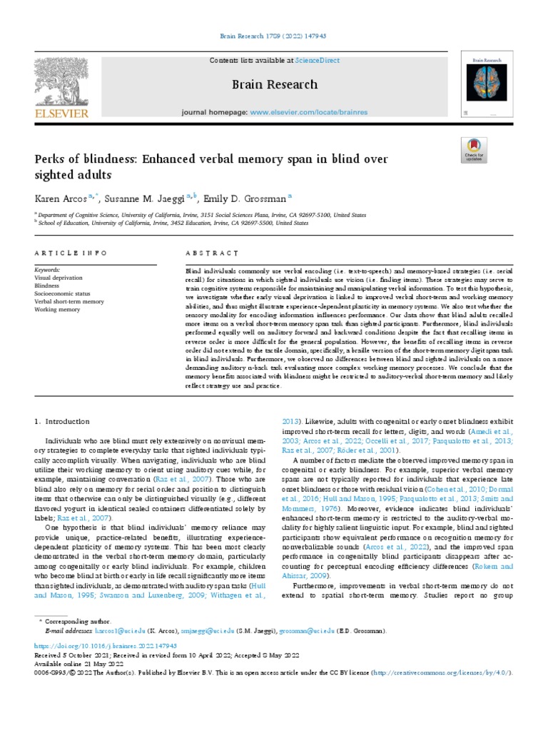 Perks of Blindness: Enhanced Verbal Memory Span in Blind Over Sighted ...