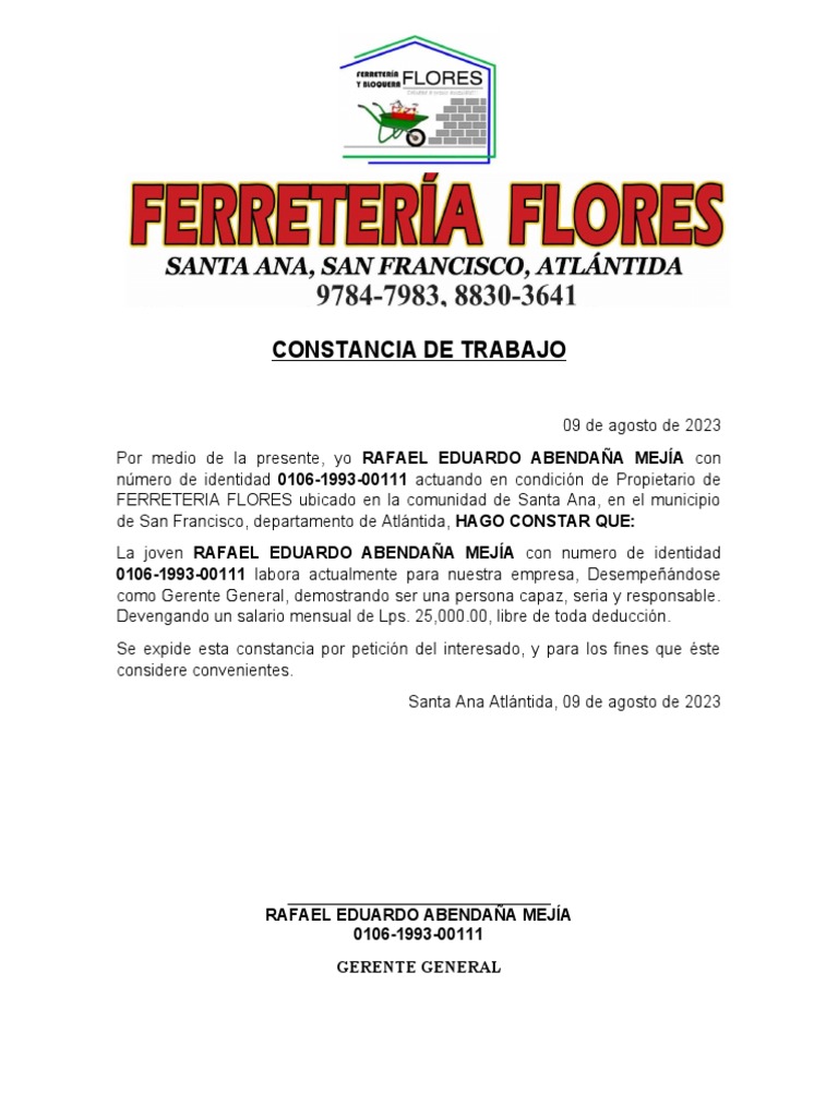 Constancia de Trabajo Ferreteria Flores | PDF