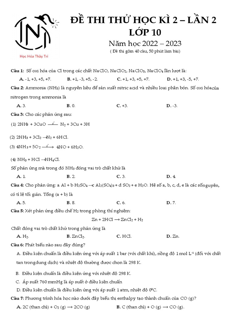 ĐỀ THI THỬ CUỐI HK 2 - LỚP 10 - LẦN 2 TNT | PDF