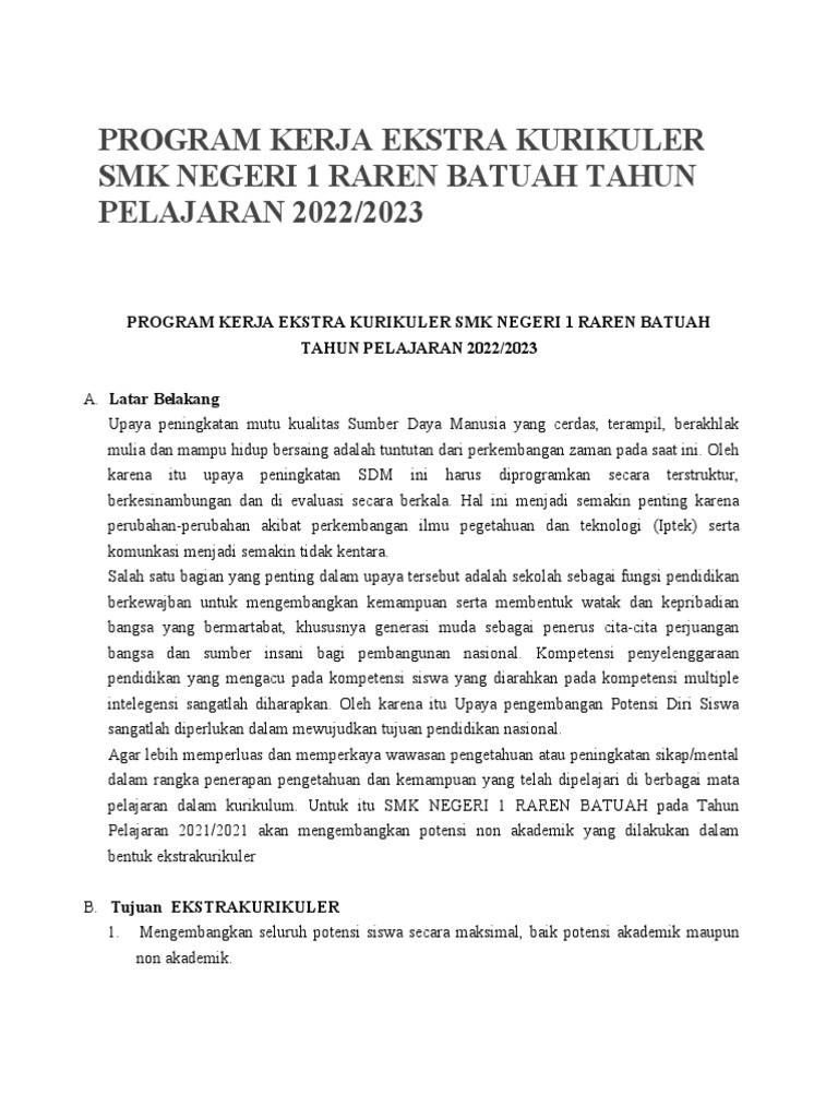 Program Kerja Ekstra Kurikuler SMK Negeri 1 Raren Batuah Tahun Pelajaran 2021-2022 | PDF
