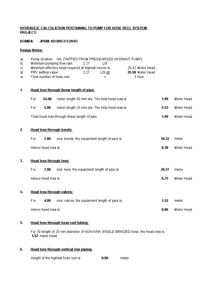Hydraulic Calculation - Hose Reel System (V 1.2) | PDF
