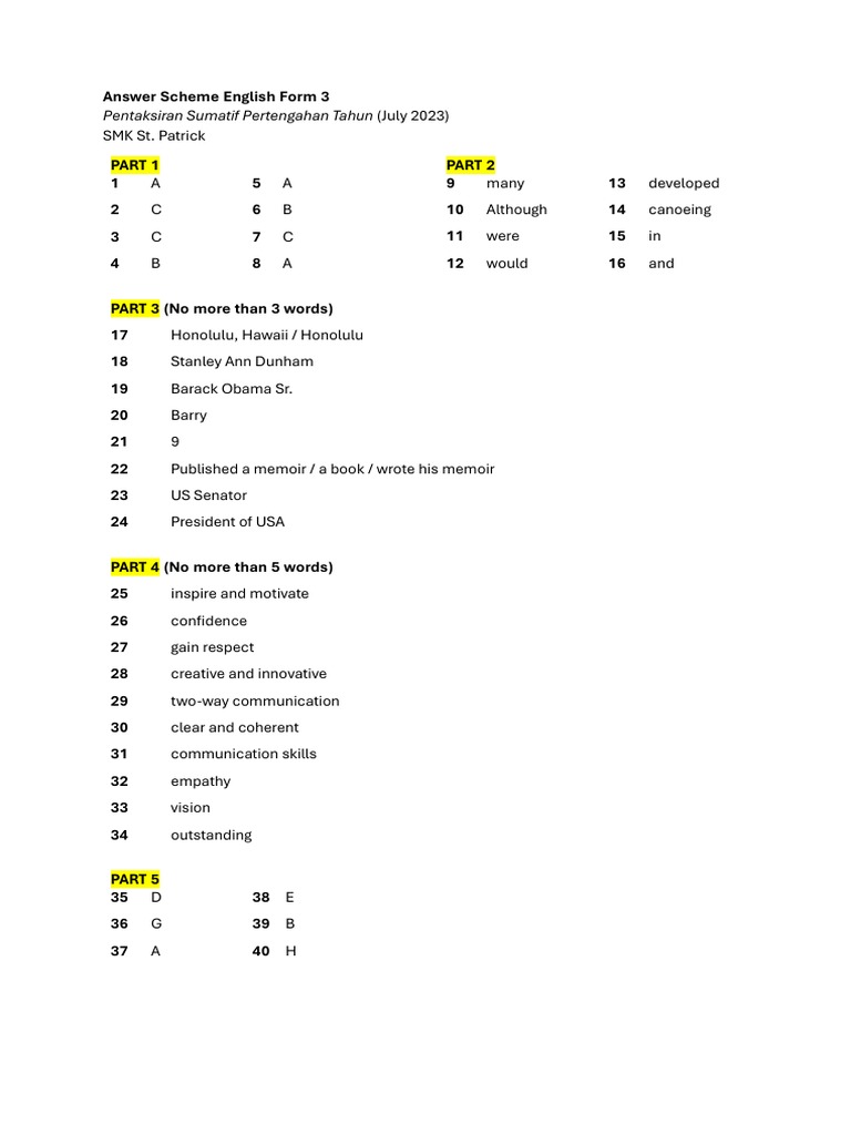 English Form 3 Exam Answer Scheme | PDF