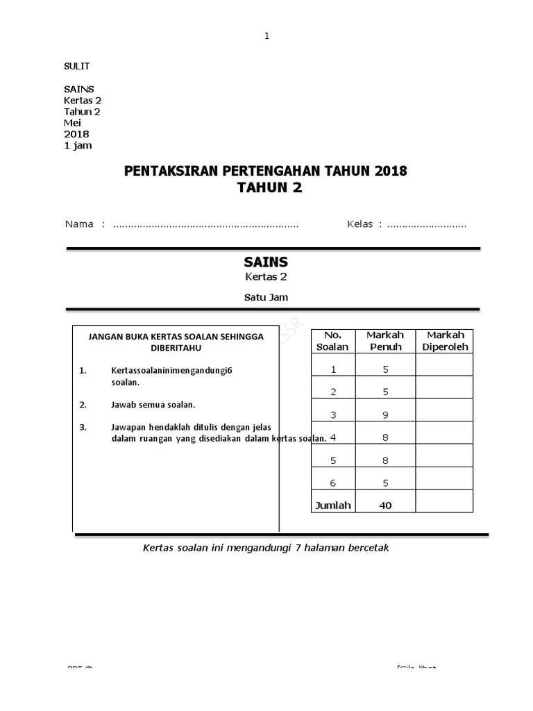 Soalan PPT 2018 - Sains T2 K2 WM | PDF