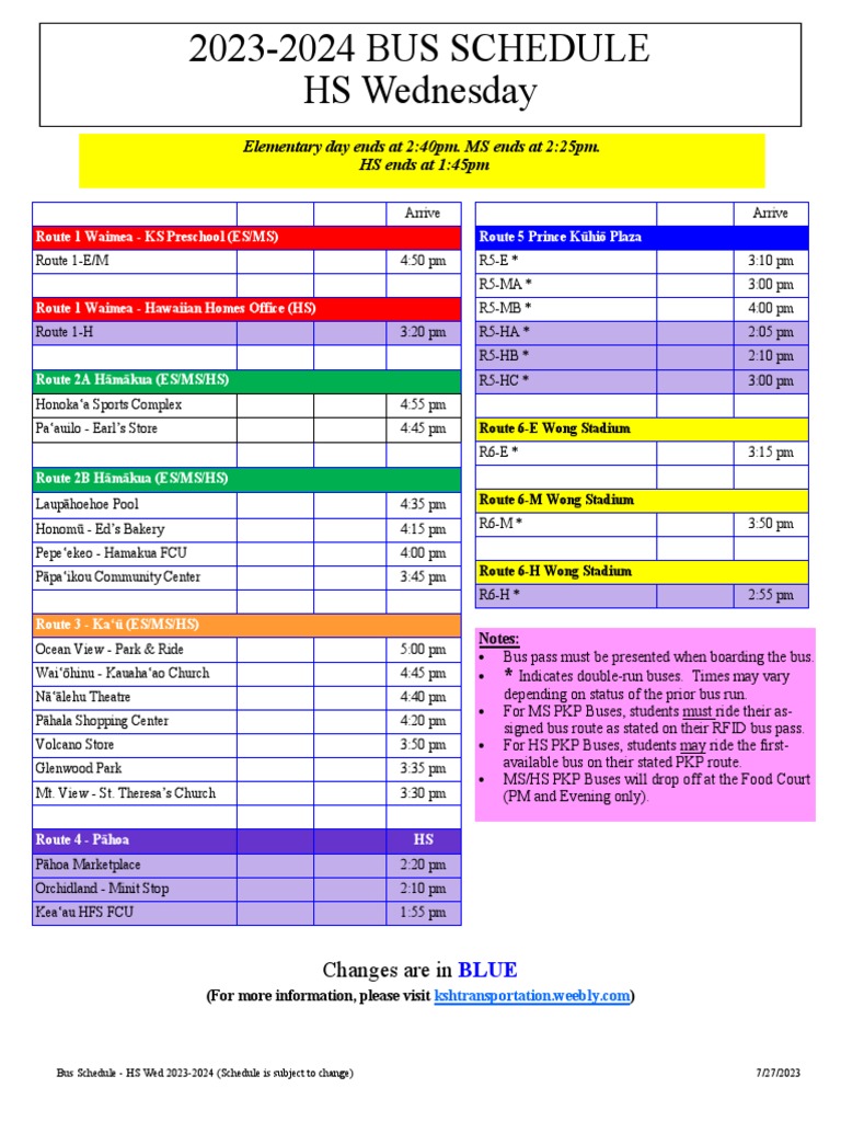 current bus schedule - hs wed 2023-2024 | PDF | Bus | Road Transport