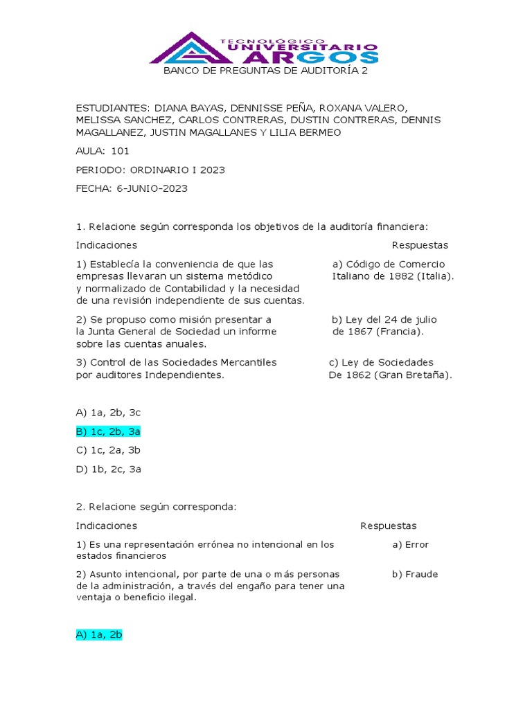 BANCO DE PREGUNTAS EXAMEN P1 AUDITORIA 2 | PDF | Auditoría | Business