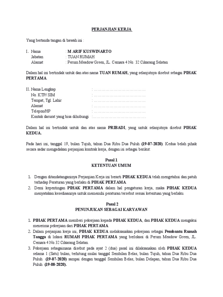 Surat Perjanjian Kerja ART | PDF