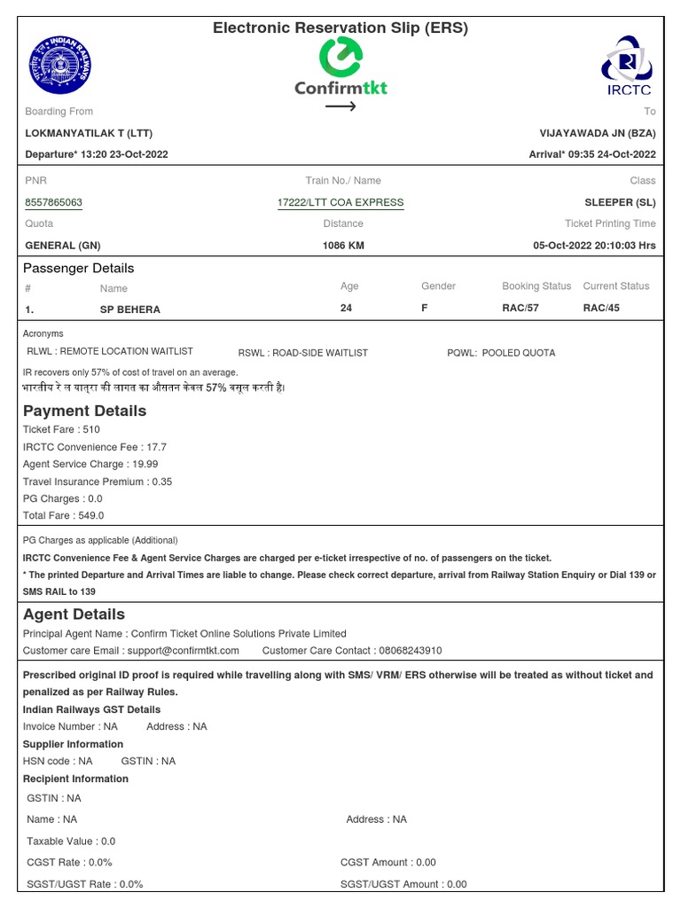 Confirmtkt LTT - BZA - 2022-10-23T00 - 00 - 001664981258682 | PDF | Identity Document