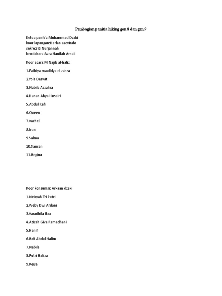 Pembagian Panitia Hiking Gen 8 Dan Gen 9 (2) | PDF