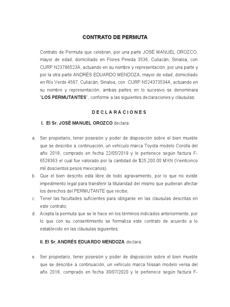 Ejemplo de Contrato de Permuta | Descargar gratis PDF | Propiedad ...