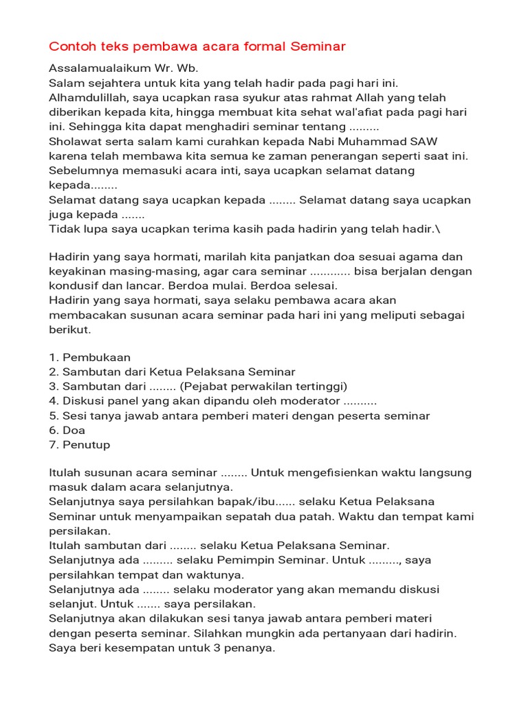 Contoh Teks Pembawa Acara Formal Seminar | PDF | Seni & Disiplin Bahasa | Kajian Bahasa Asing