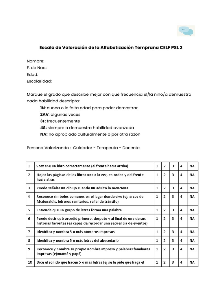 Escala de Valoraci+ N de La Alfabetizaci+ N Temprana CELF PSL 2 | PDF ...