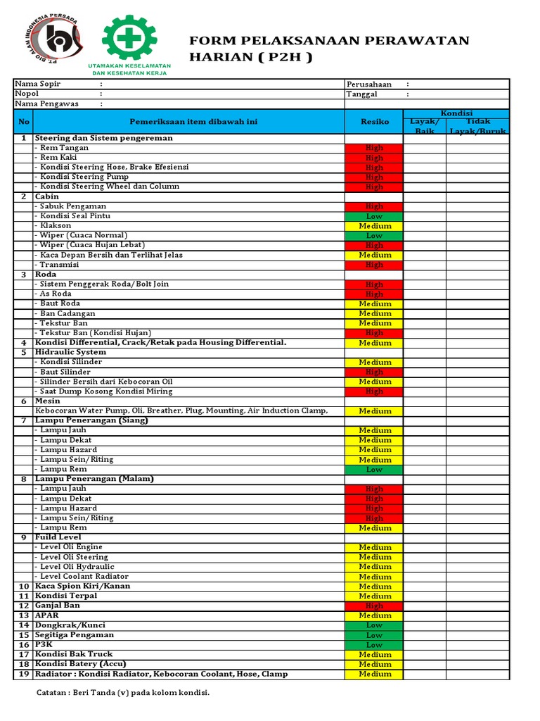 Form P2H Kendaraan Berat Harian | PDF
