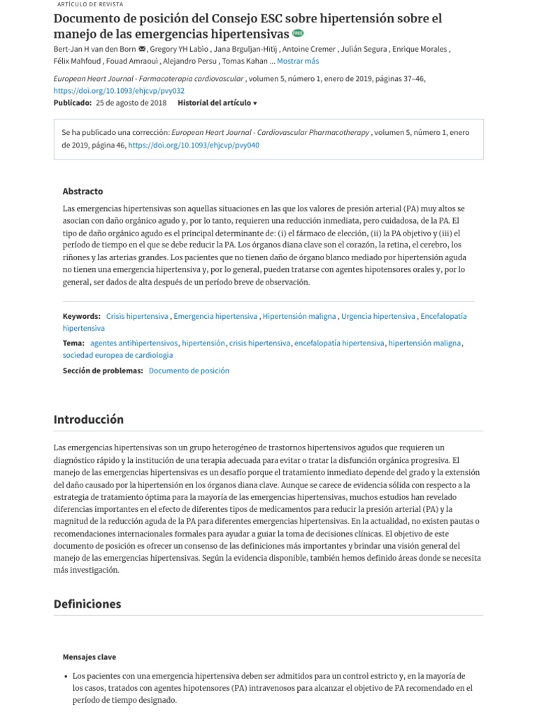 Documento de Posición Del Consejo ESC Sobre Hipertensión Sobre El Manejo de Las Emergencias ...