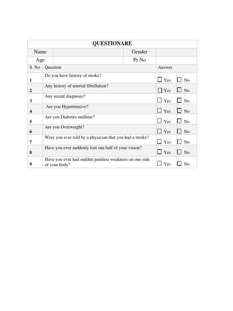 Stroke Risk Assessment Questionnaire | PDF