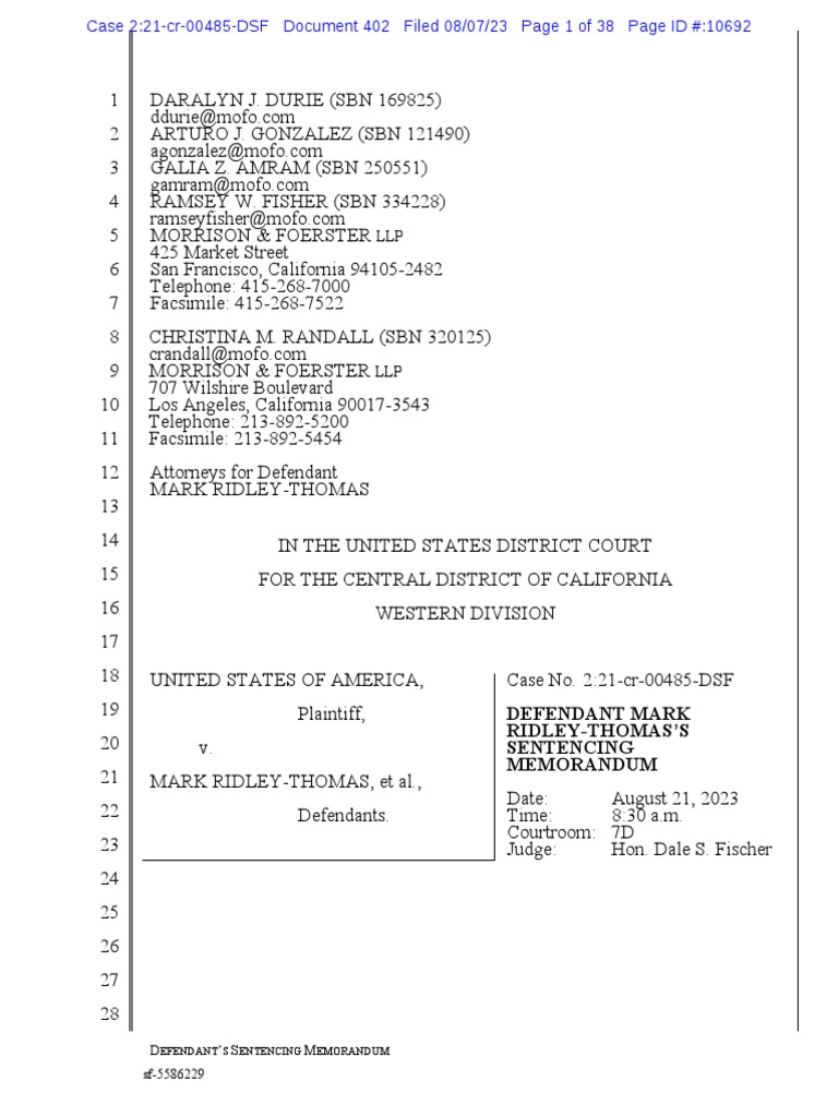 Sentencing Memorandum for Ridley-Thomas | PDF | United States Federal ...