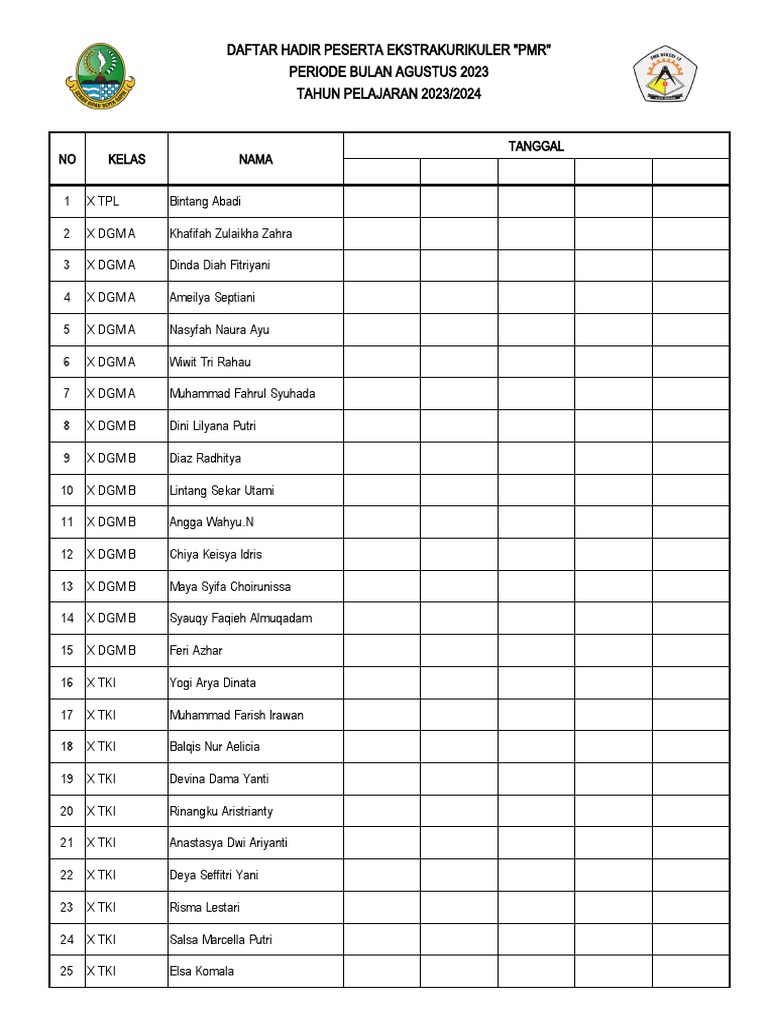 Daftar Hadir Peserta Ekskul Tahun Pelajaran 2023-2024 | PDF