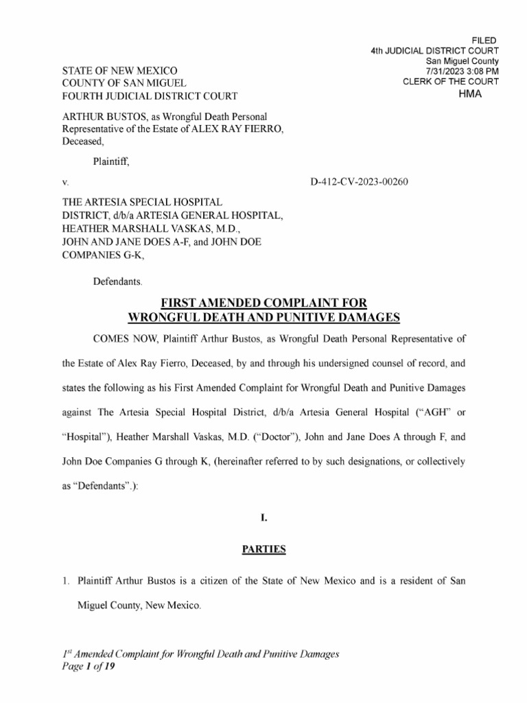 First Amended Complaint For Wrongful Death and Punitive Damages | PDF
