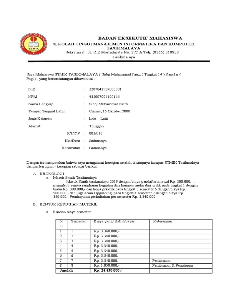 Surat Pernyataan Kerugian | PDF