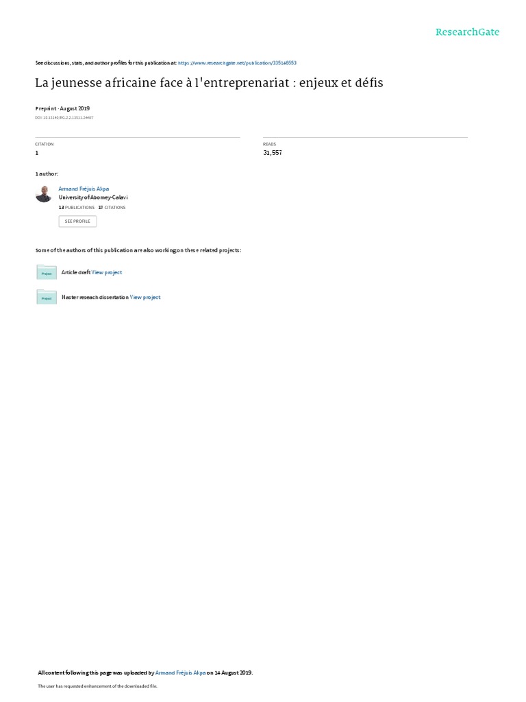 La Jeunesse Africaine Face A Lentreprenariat Enje | PDF