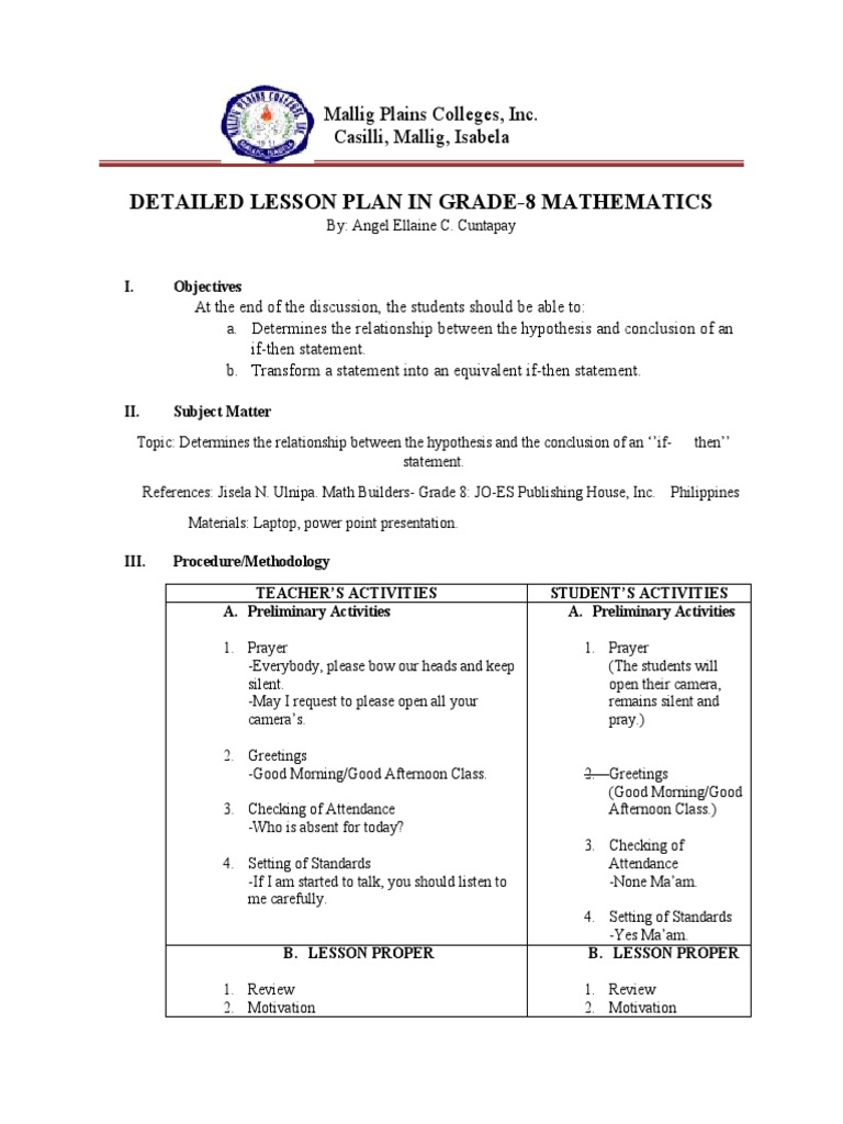 Detailed Lesson Plan in Grade-8 Mathematics: Mallig Plains Colleges ...