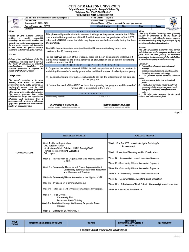Obe Syllabus NSTP CWTS2 | PDF | Art | Computers