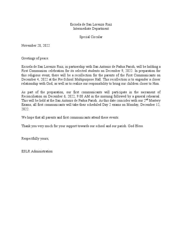 Letter For Parent Recollection 1st Communion | PDF