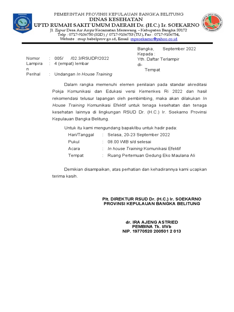 Undangan In House Training RSUD Soekarno | PDF
