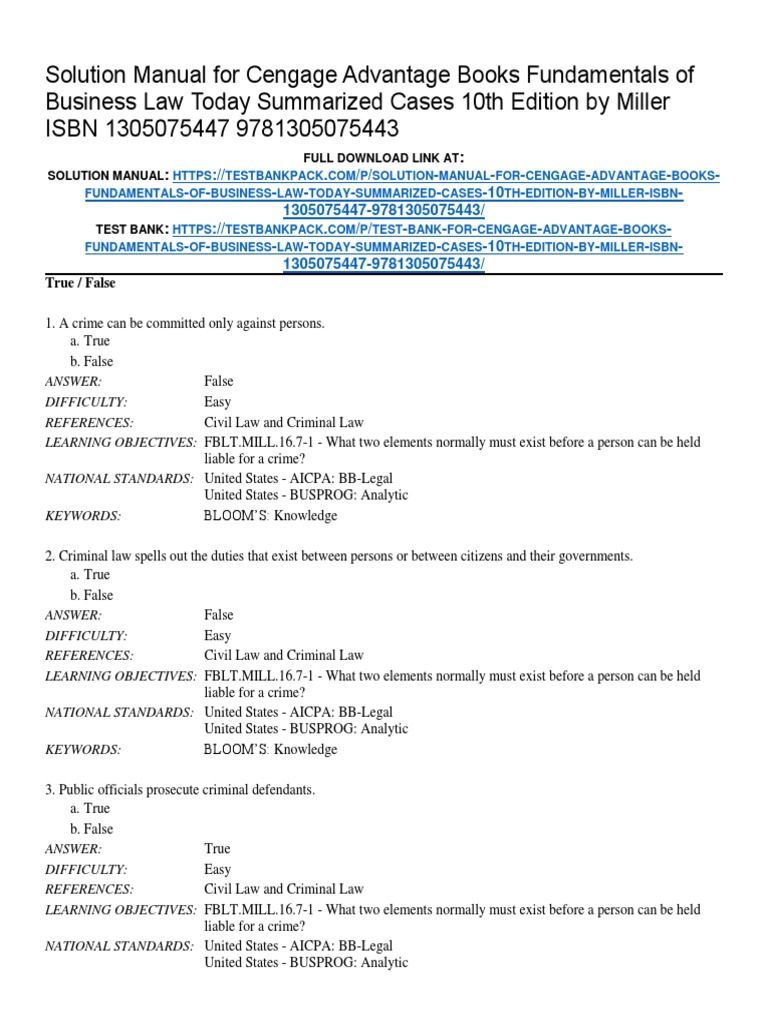 Cengage Advantage Books Fundamentals of Business Law Today Summarized ...