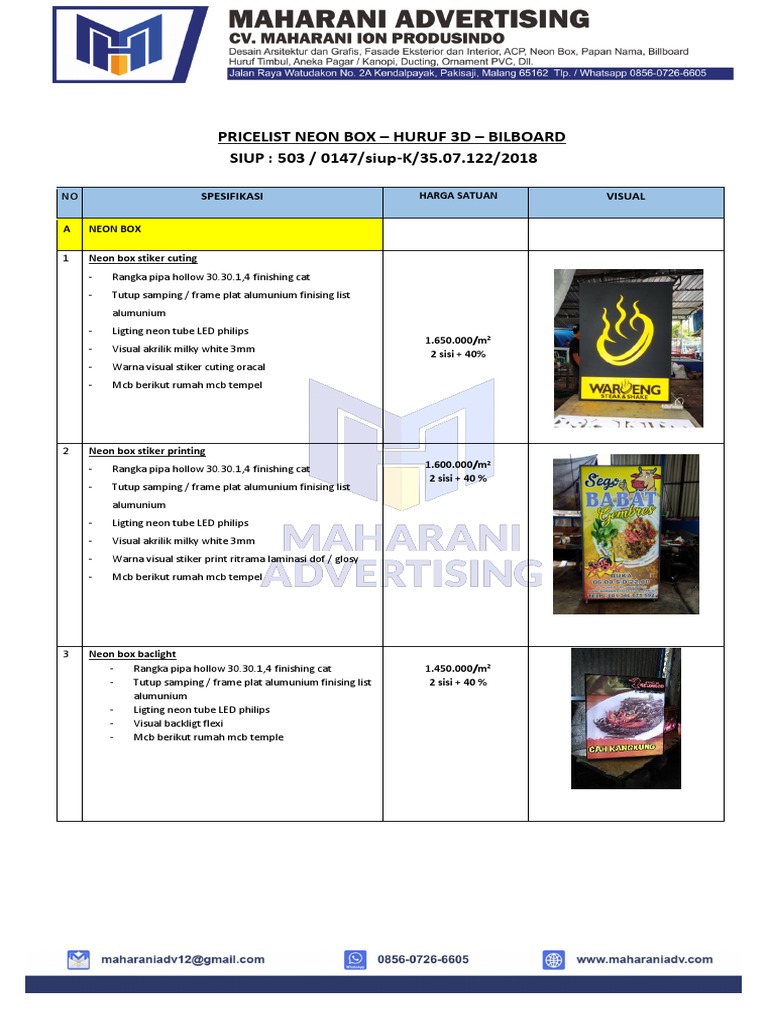 Daftar Harga Neon Box dan Huruf 3D | PDF | Teknologi & Rekayasa