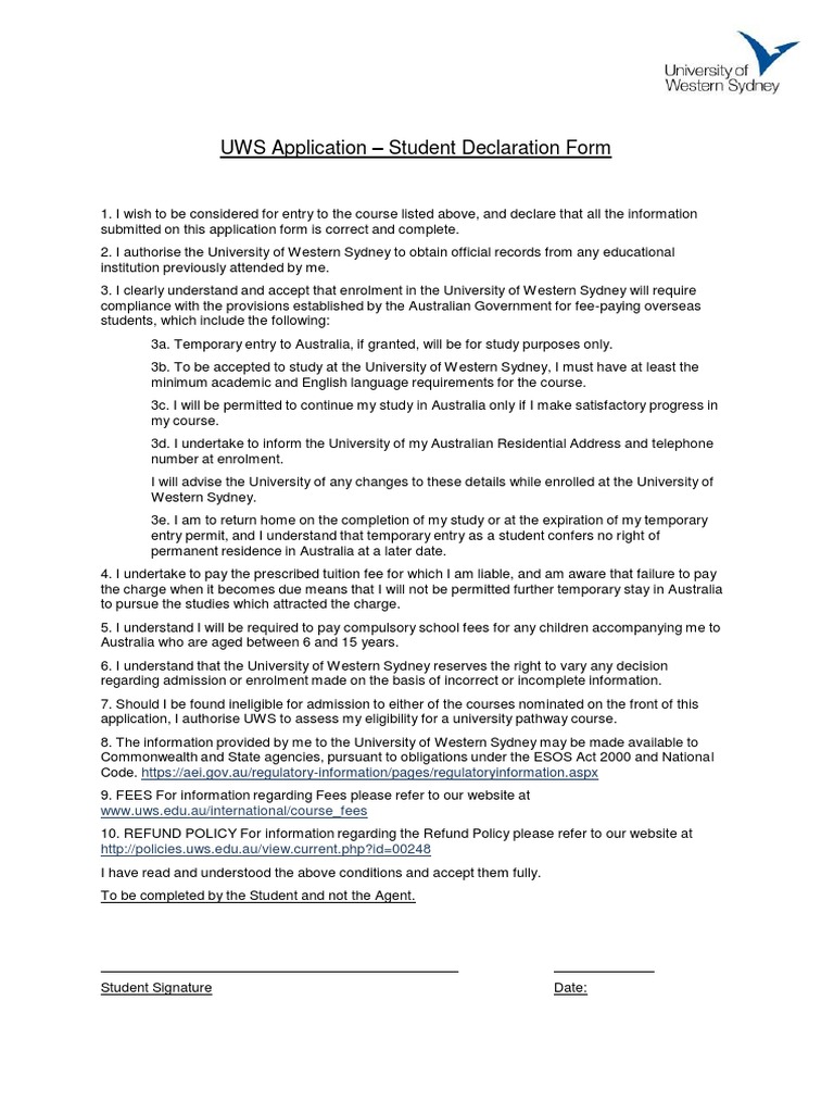 UWS Declaration Form | PDF