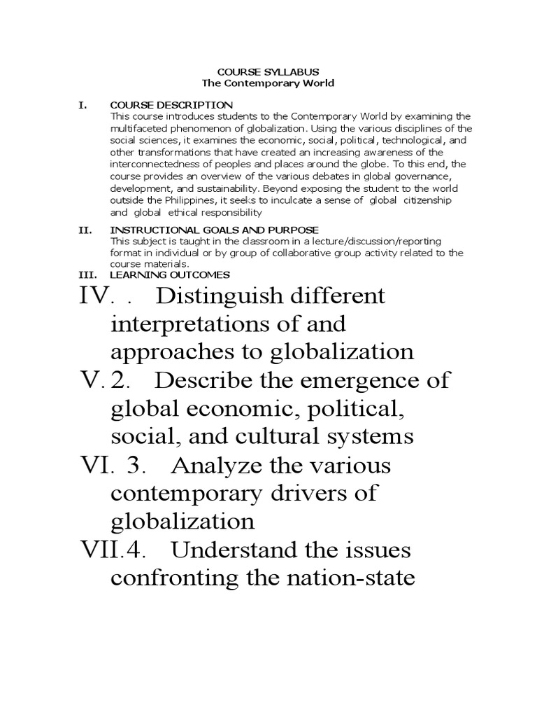 Tcw Syllabus Pdf Globalization Science