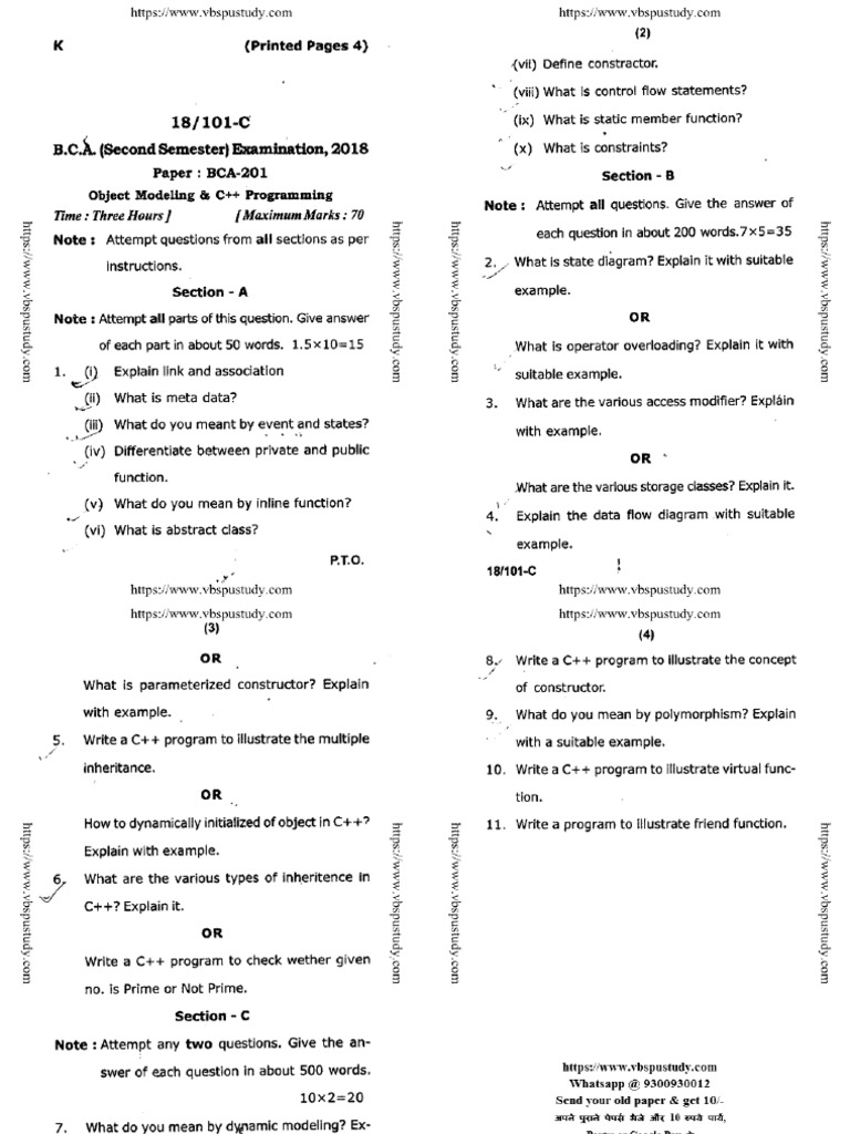 Bca 2 Sem Object Modeling and CPP Programming 101 C 2018 | PDF