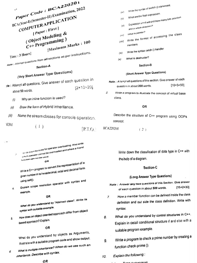 Bca 2 Sem CA Object Modeling and CPP Programming Bca220201 2022 | PDF