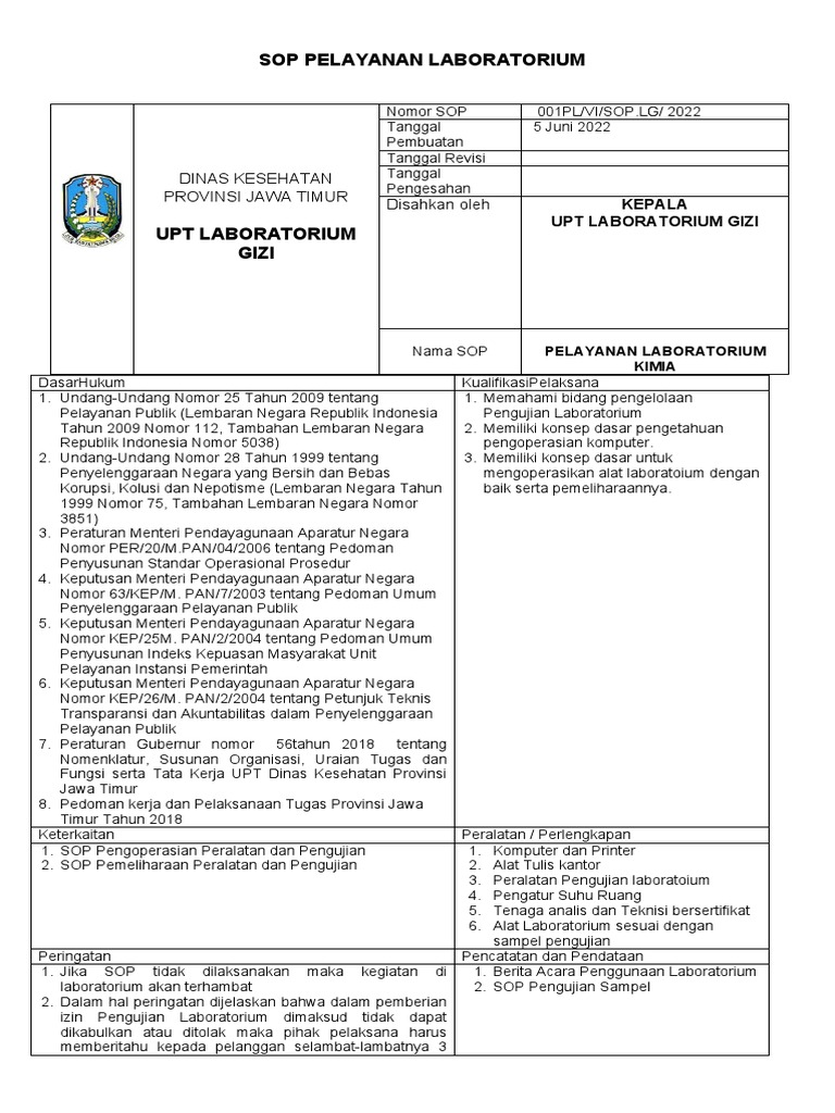 SOP Pelayanan Laboratorium KIMIA | PDF