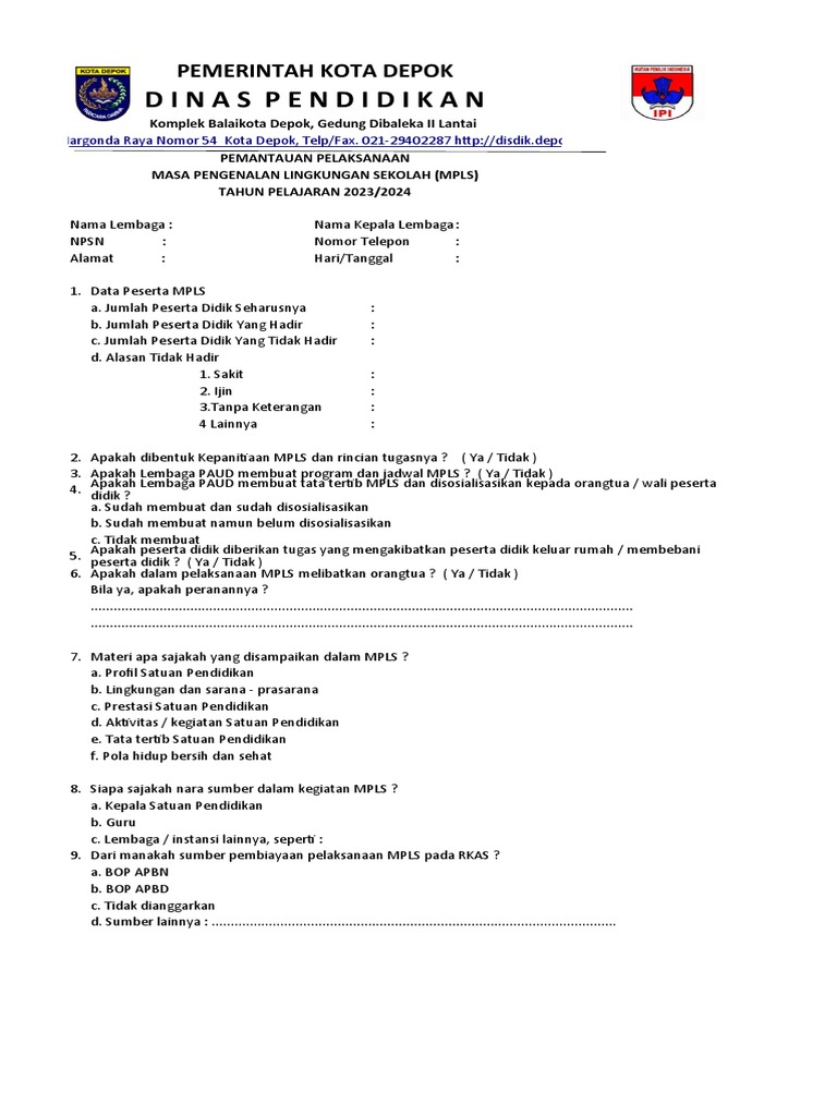 Instrumen Pemantauan Mpls Paud 2023 | PDF